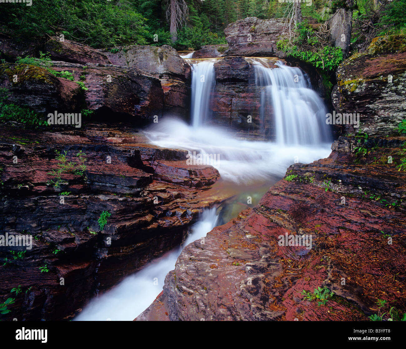 Red rock cascades along Virginia Creek in Glacier National Park in ...