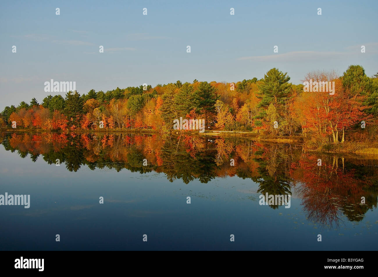 North America, USA, New Hampshire, Marlow. Autumn scenery reflected in ...