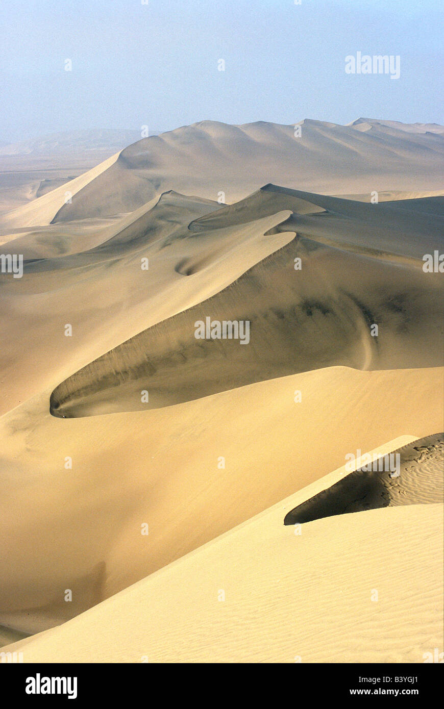 Sand dunes stretch into the distance, in the coastal desert bordering ...