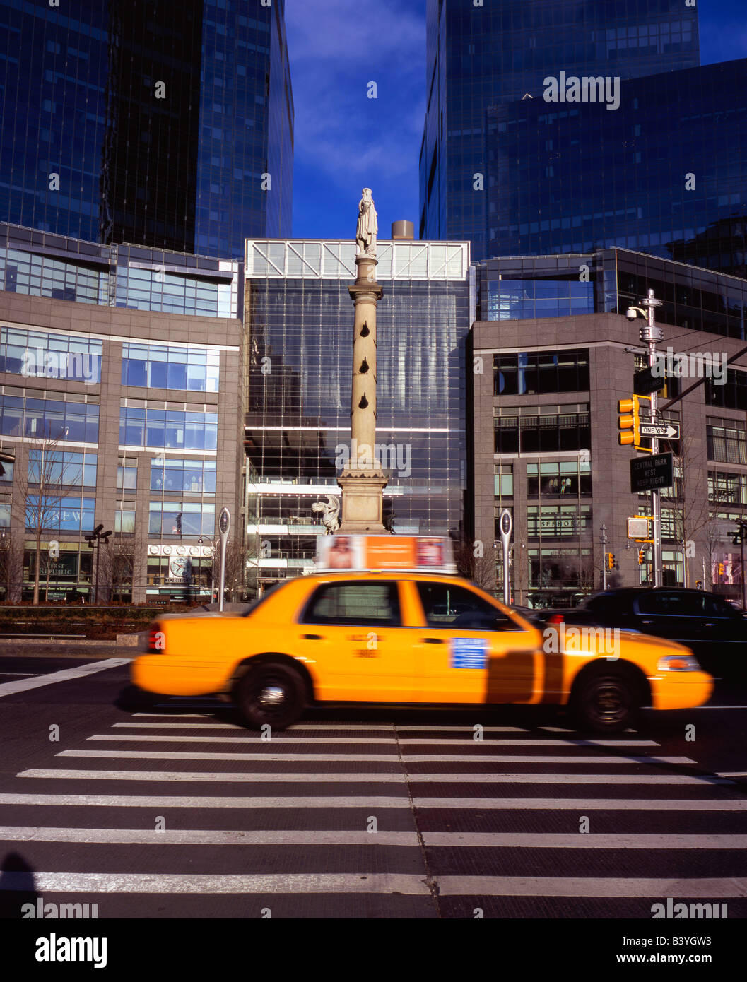 North America, USA, New York, New York City Taxi cab speeding around ...
