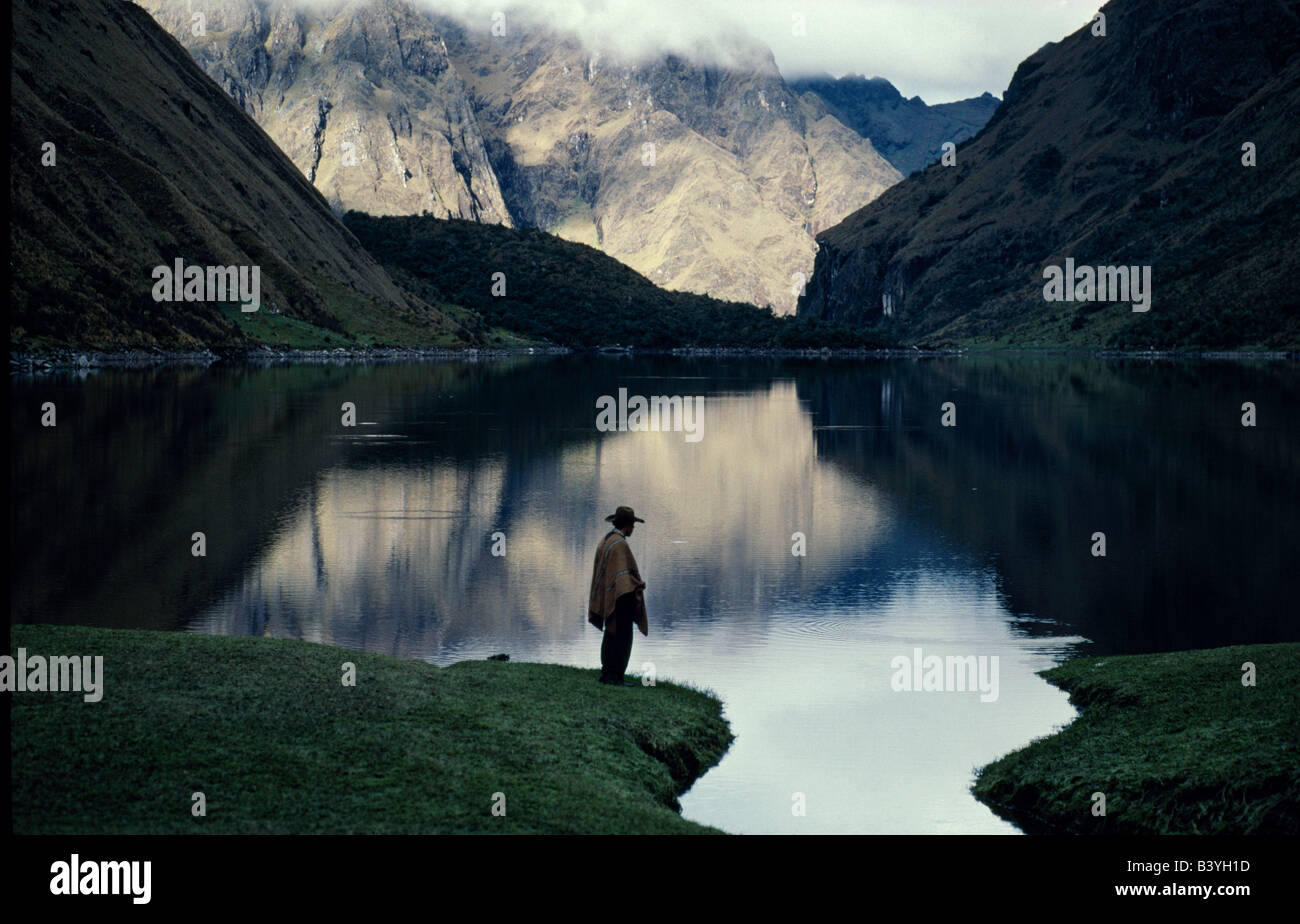 Peru, Sacred Valley. A high lake in the Vilcabamba range; at the waters ...