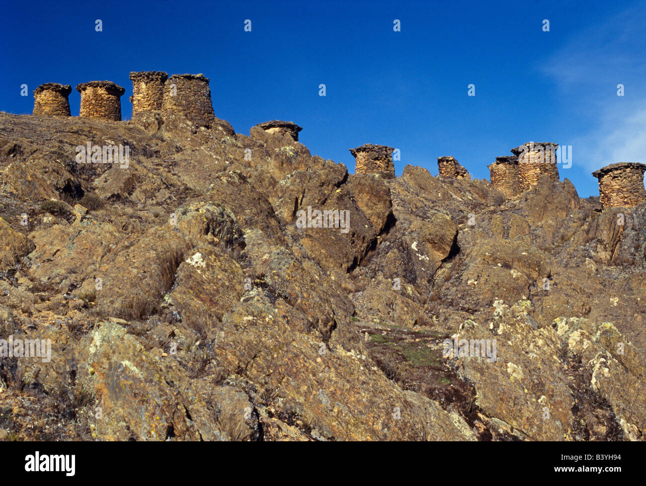 Peru, Cusco, Nimarca. Pre Inca burial chambers known as chullpas. These ...