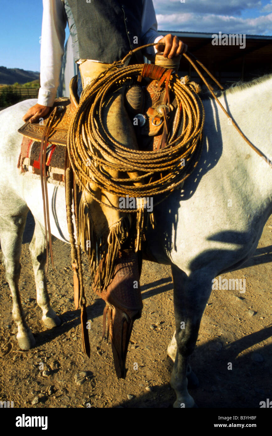 USA, Oregon, Jefferson County. Buckaroo with lasso ready for cattle ...