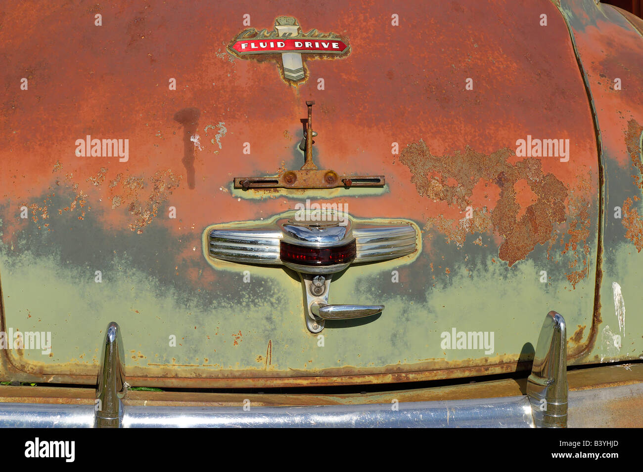 USA, Oregon, Shaniko. Detail of rusted trunk on old Chrysler automobile ...