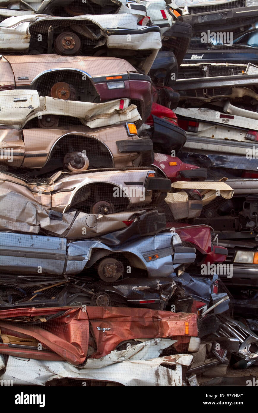 Organized stack of scrap cars in recycle yard at Metro Metals, Portland ...