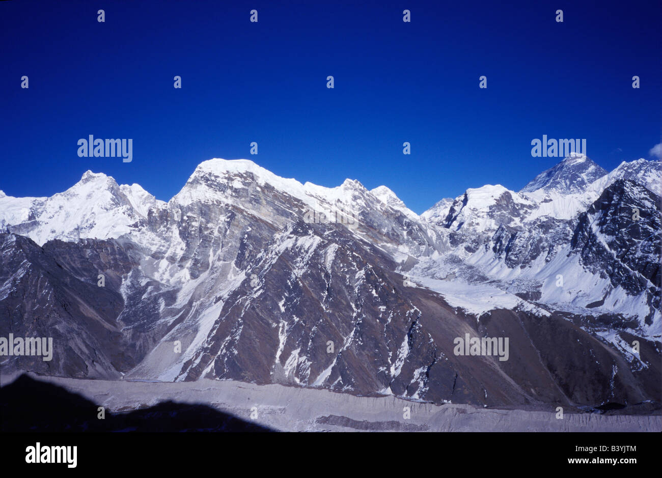 Nepal, Everest Region. Mt. Everest (prominent peak on right) from Gokyo ...
