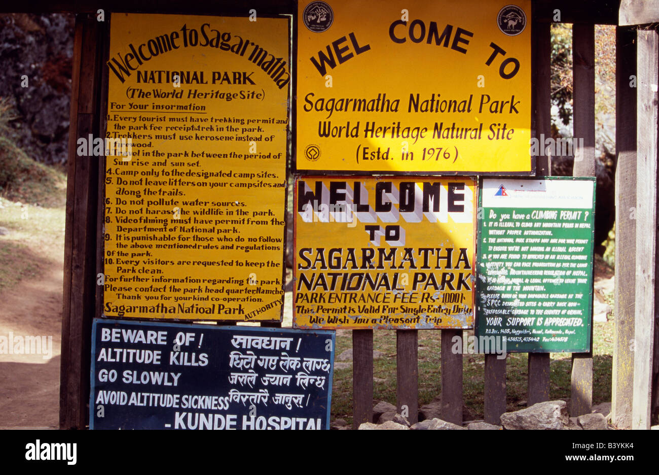 Nepal, Everest Region, Khumbu Valley. Signs welcoming tourists to ...