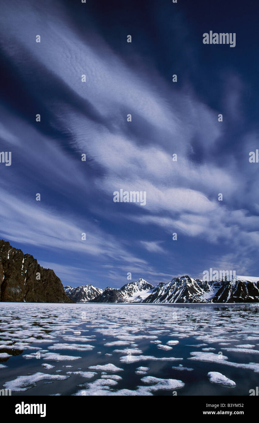 Norway, Svalbard, Spitsbergen. Melting fragments of pack ice litter ...