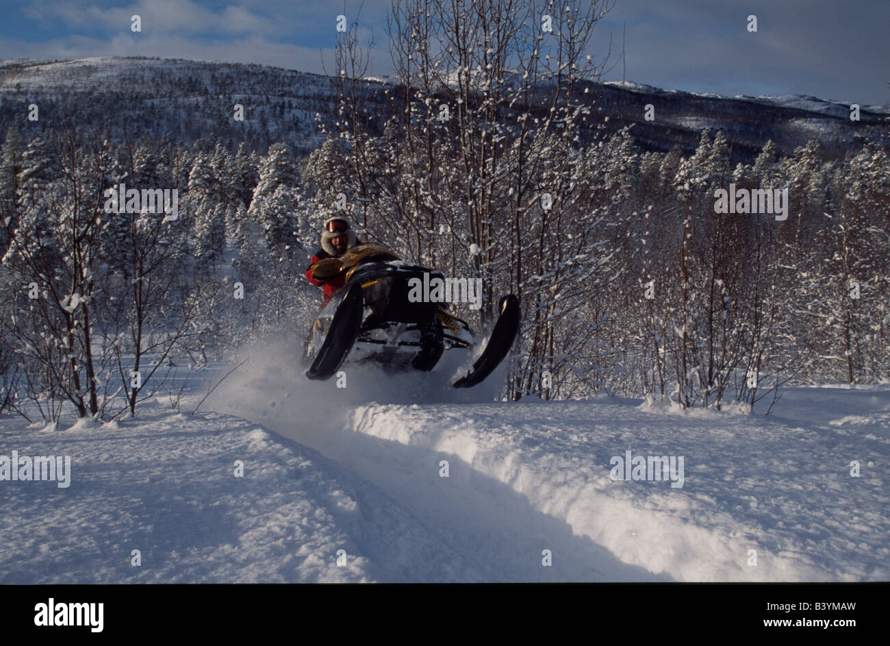 Snow mobile at speed in deep snow between birch trees near Alta, Arctic ...