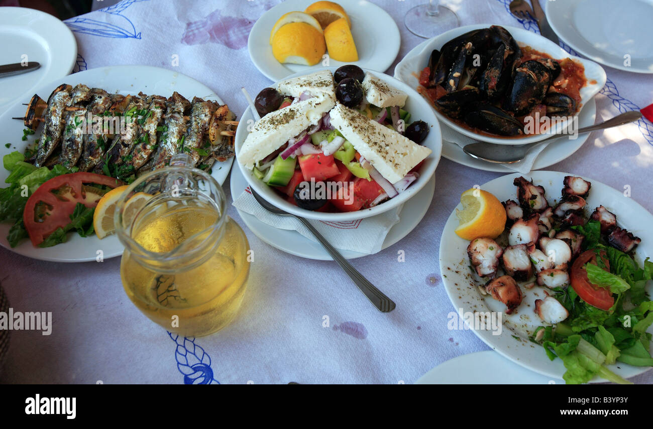 GREECE SPORADES SKIATHOS SKLITHRI TAVERNA STARTERS OR MEZEDES Stock ...