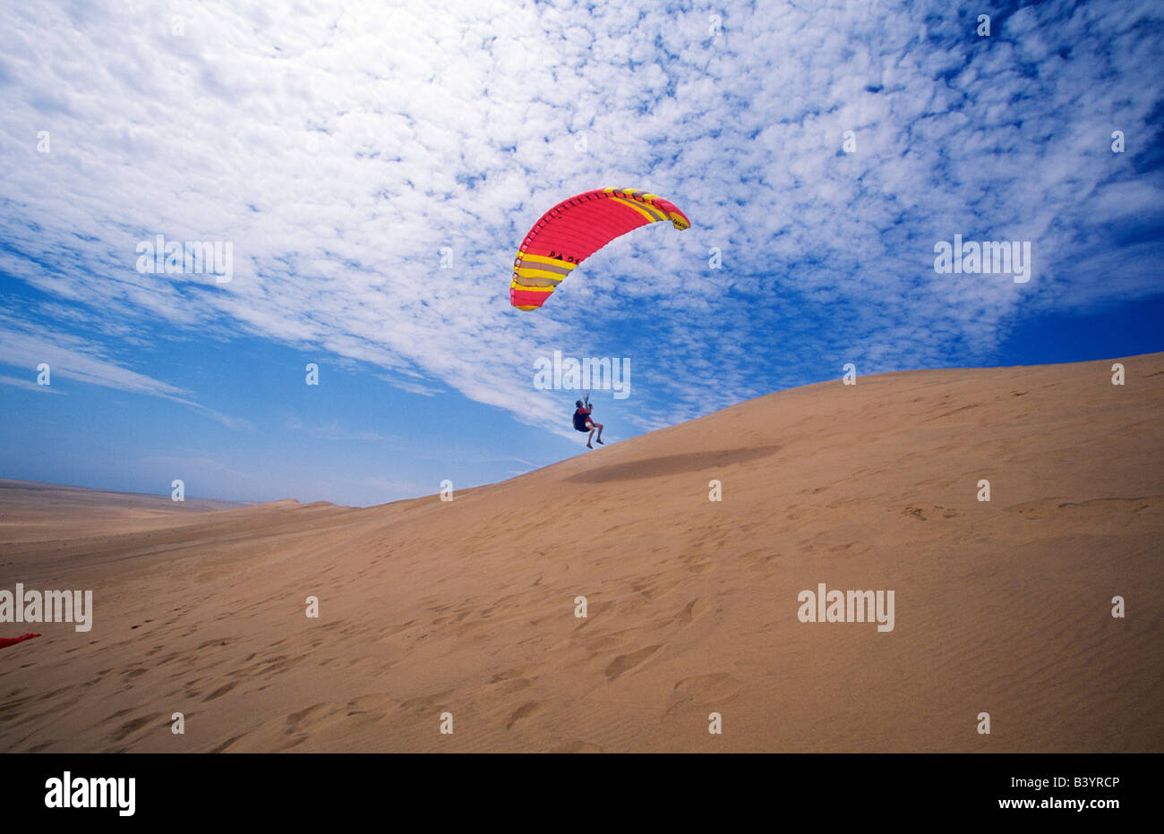 Namibia, Skeleton Coast. Paragliding over the dunes of the Namib Desert ...