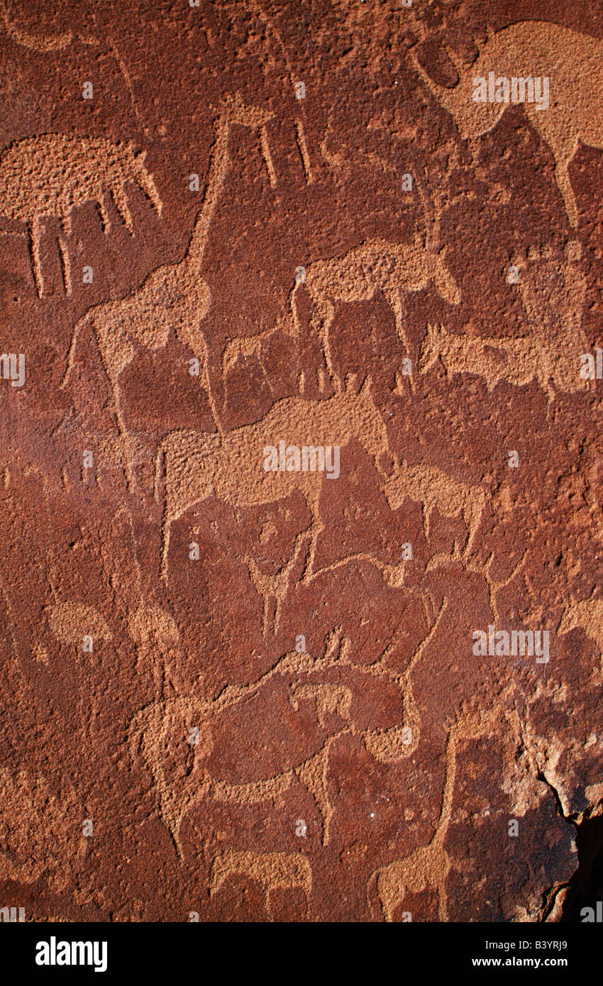 Namibia, Damaraland. Overview of Bushman petroglyphs near caves ...