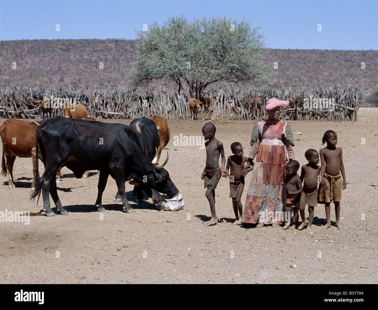 Namibia, Damaraland, Palmwag. An Herero woman leads her children back ...