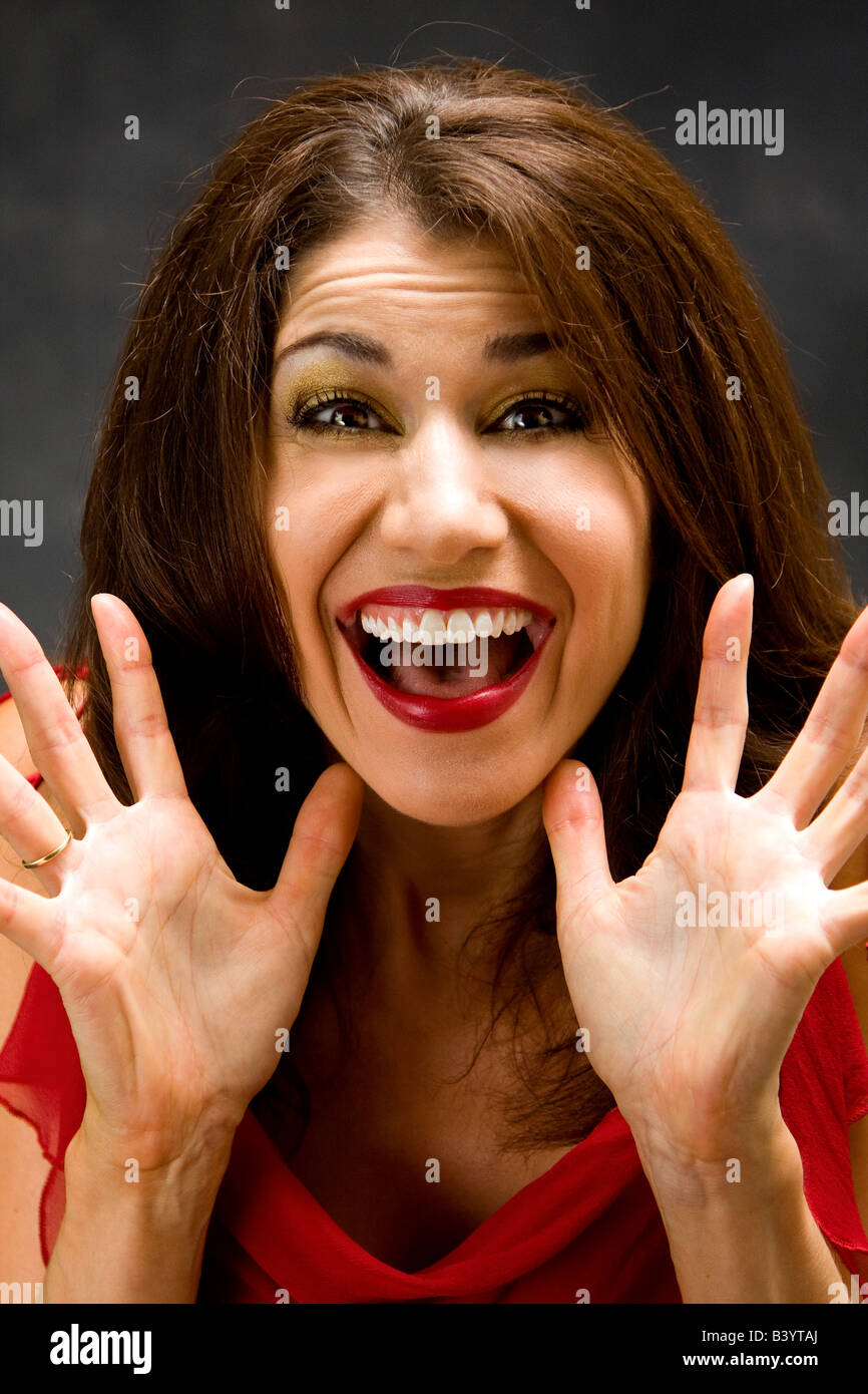 Happy woman with red lips Stock Photo - Alamy