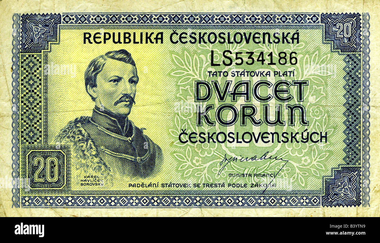 money / finance, banknotes, Czechoslovakia, 20 Crowns, 1945 Stock Photo ...
