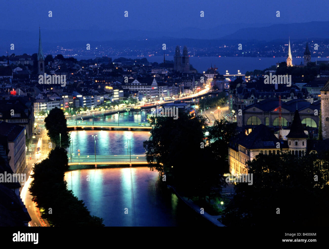 geography / travel, Switzerland, Zurich at night, bridges lit Stock ...