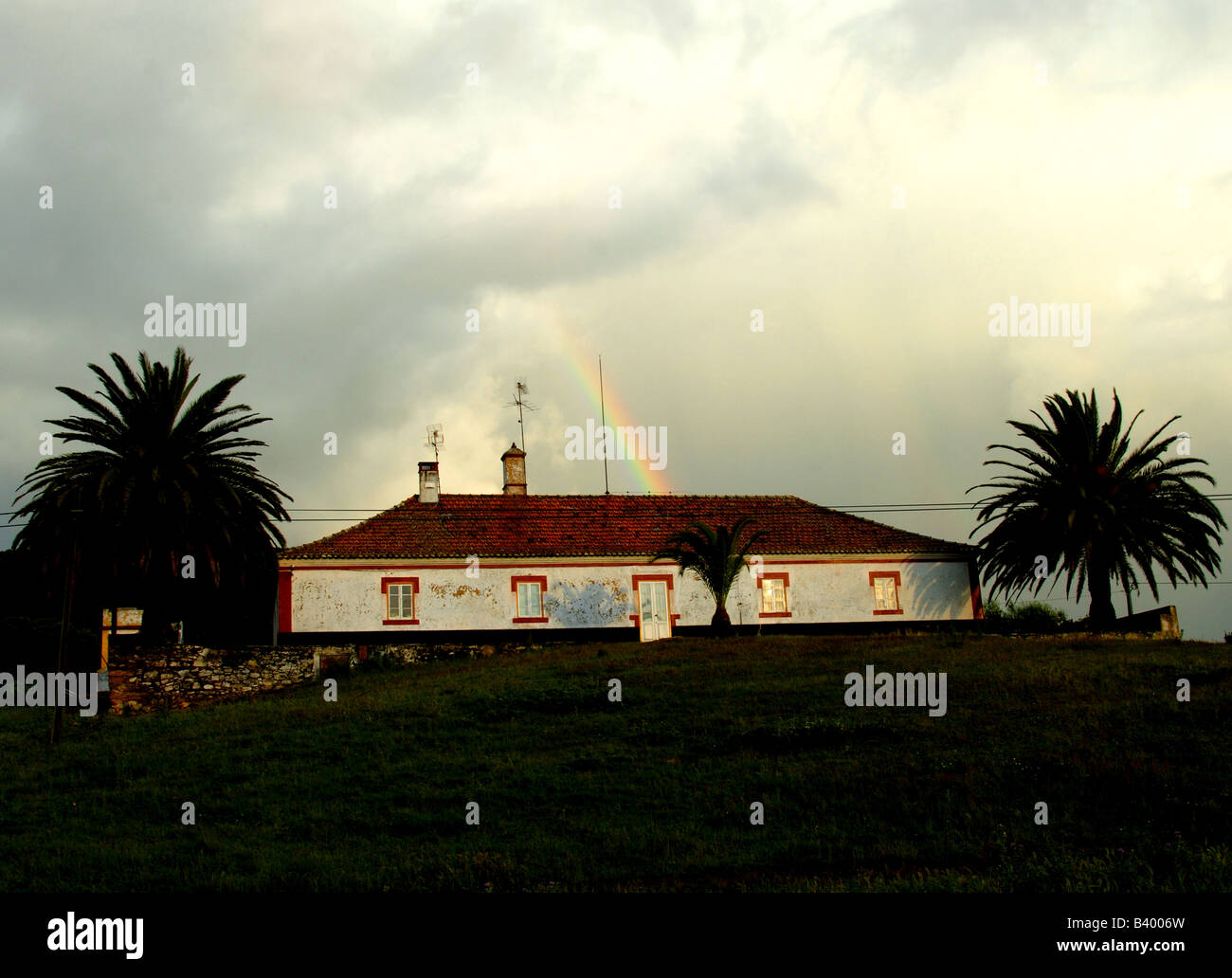 Brazilian style farmhouse with rainbow and palm trees Stock Photo - Alamy