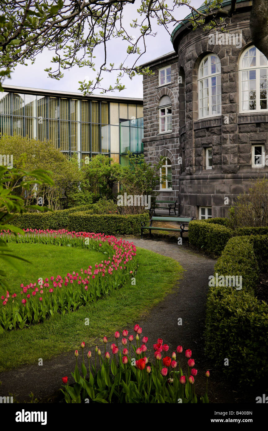 Garden in front of a parliament building, Althingi, Reykjavik, Iceland ...