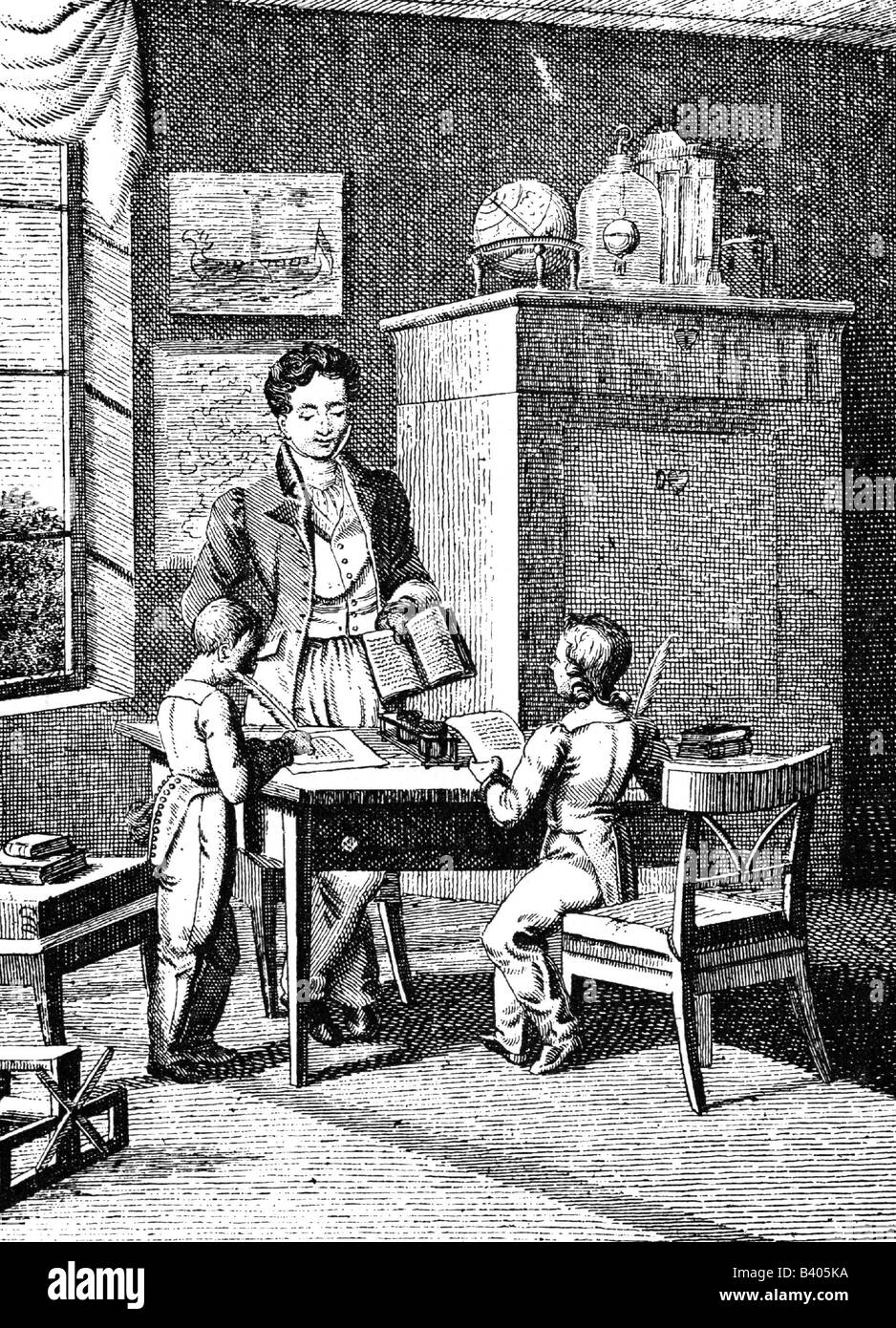 education, school, private teacher is giving lessons, engraving, circa ...