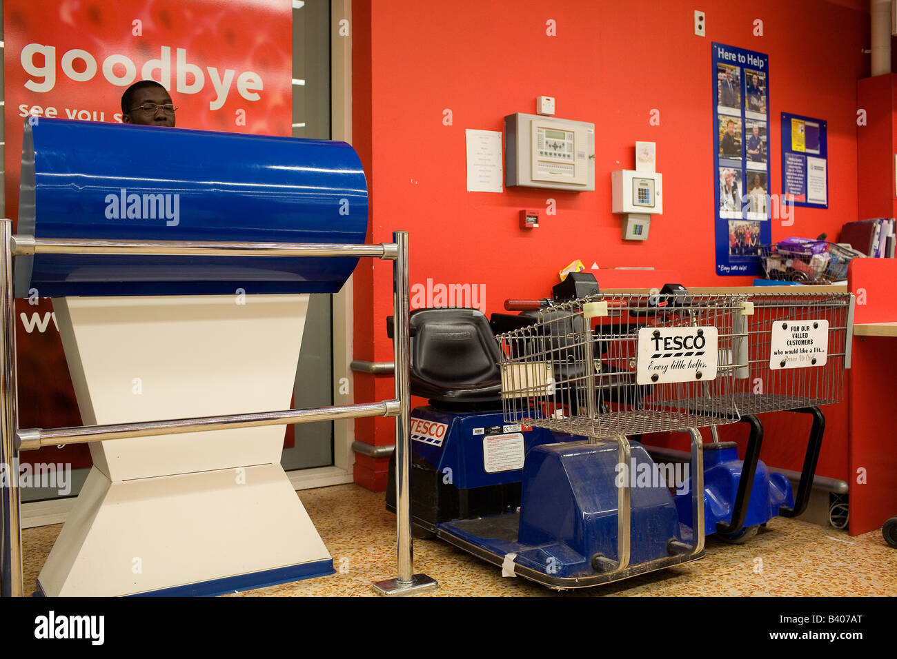 The security desk at a 24hr opening Tesco supermarket store Stock Photo ...