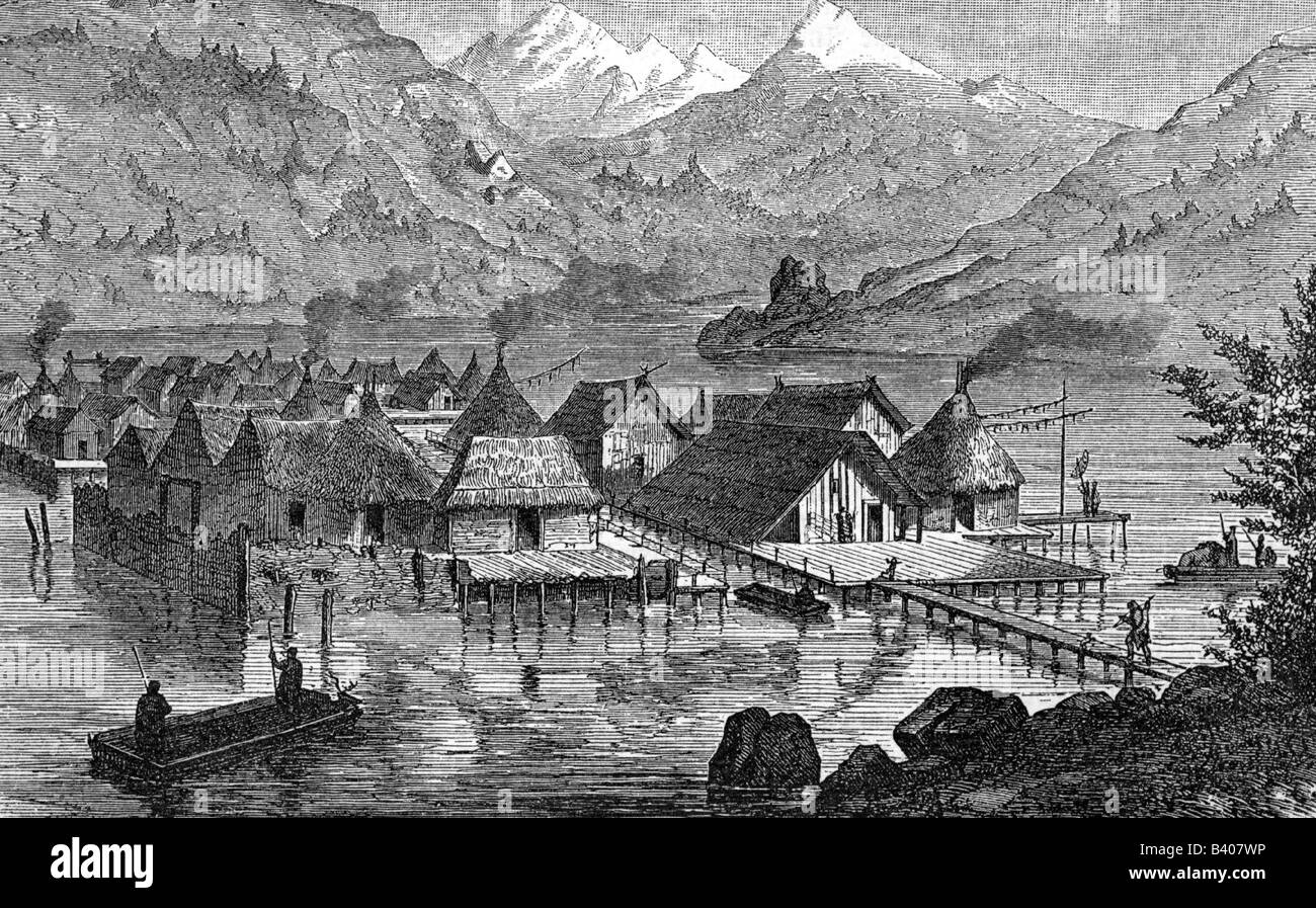 aeon / prehistory, architecture, pile dwellings, reconstruction of ...
