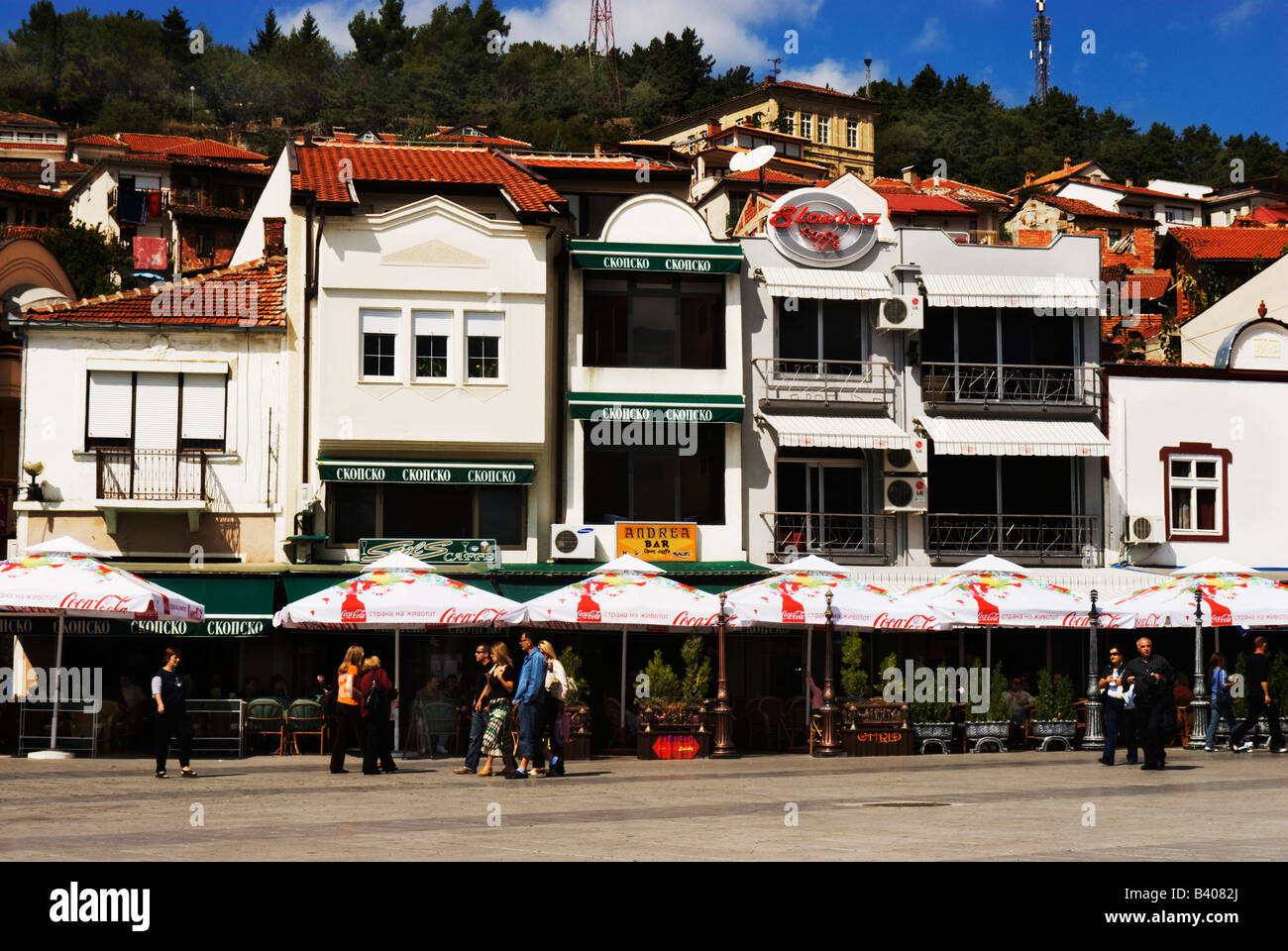 Tourists and locals sit in cafe's in Ohrid town center, Macedonia Stock ...