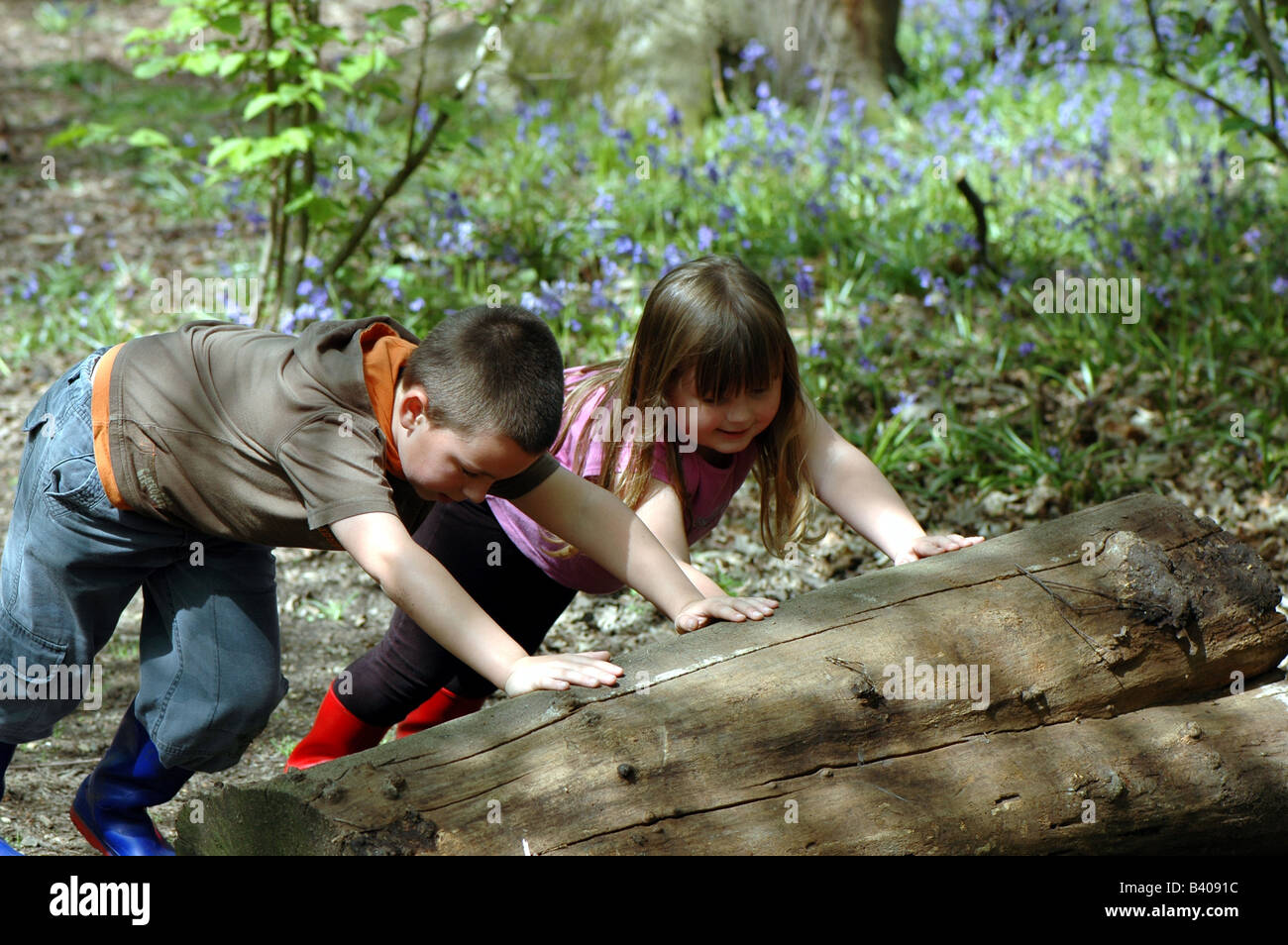 Bluebells trees fun forest siblings family hi-res stock photography and ...