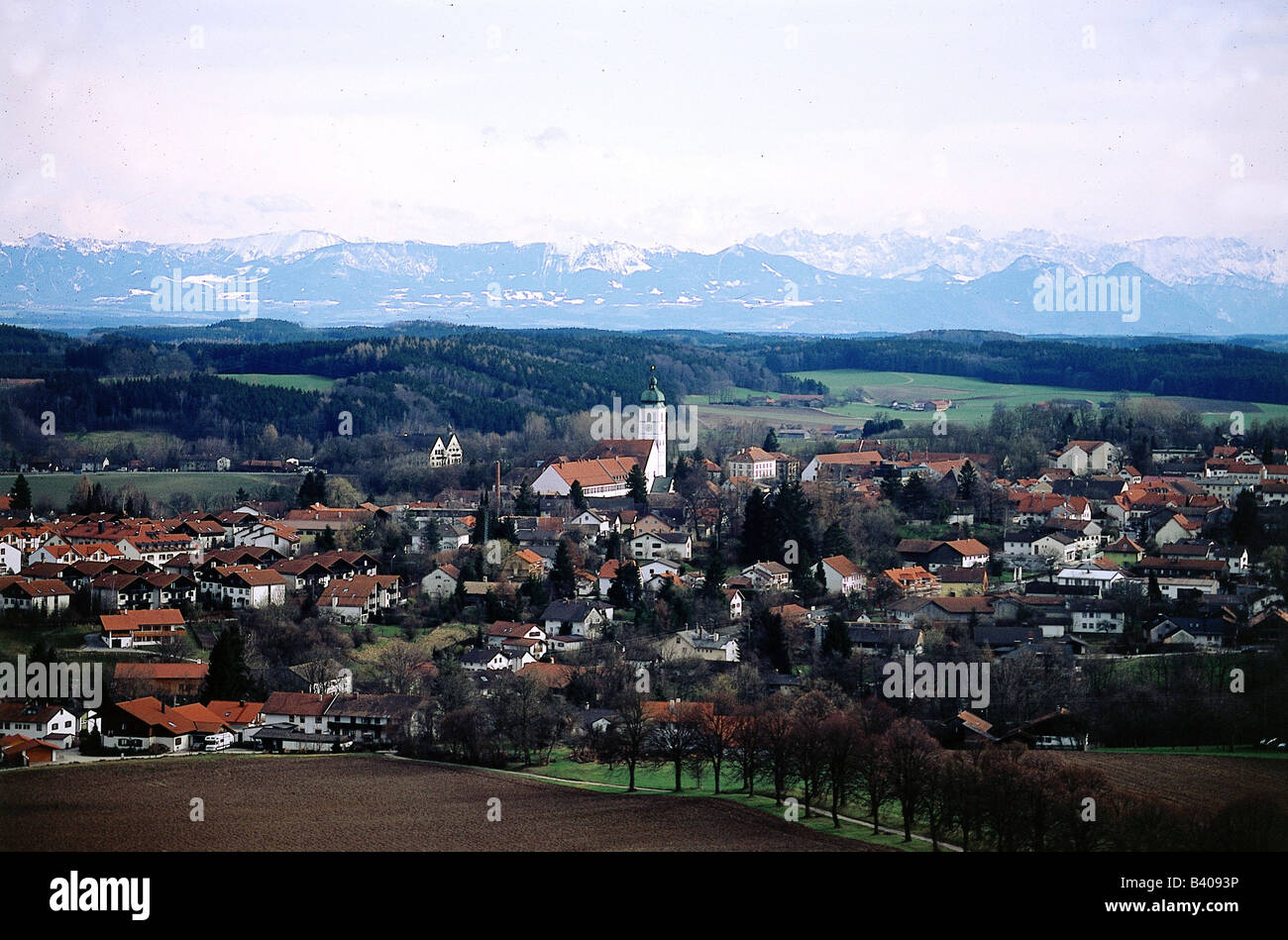 geography / travel, Germany, Bavaria, Ebersberg, overview with Alps ...