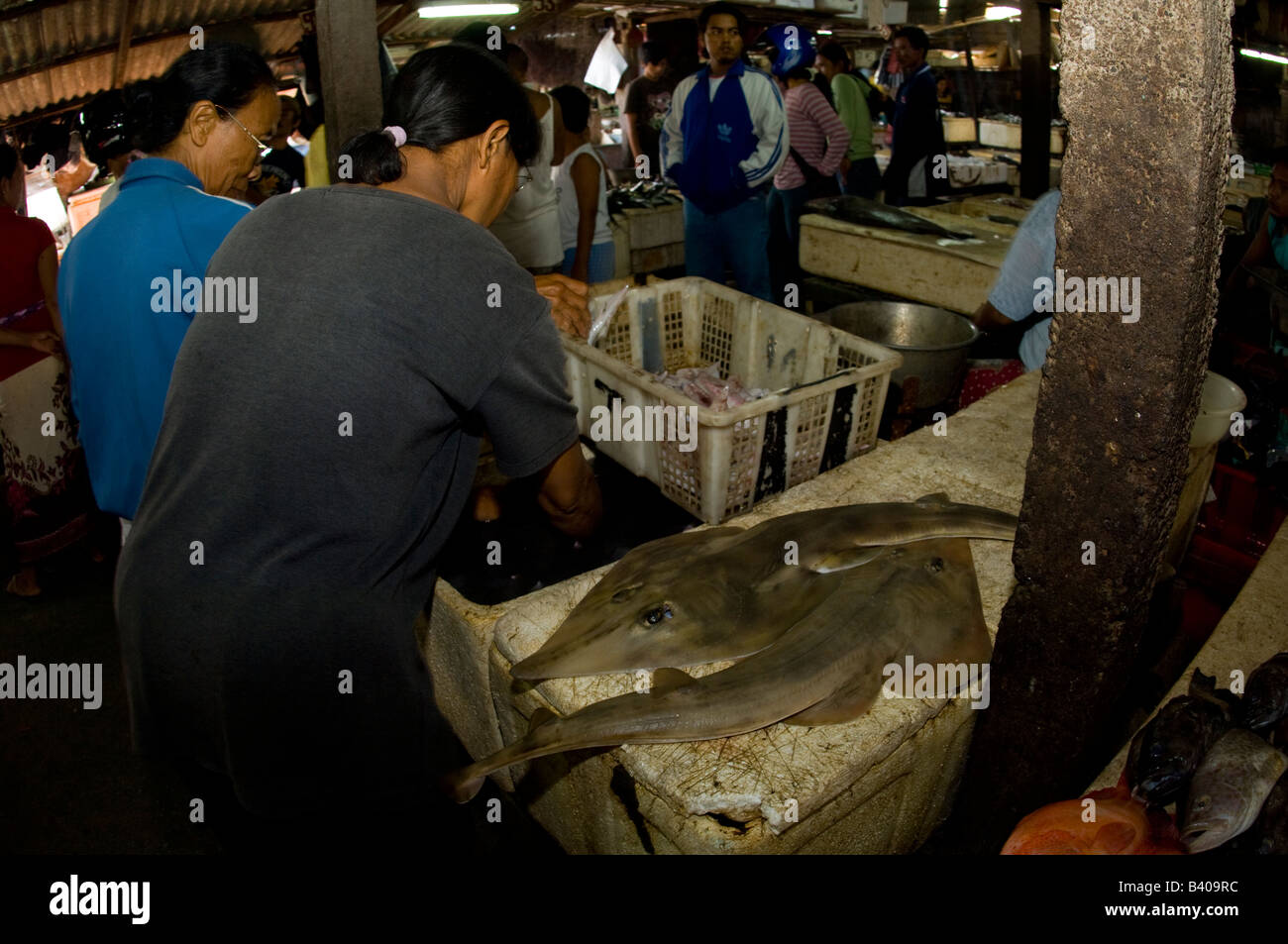 Fishermen prepare to clean and sell their catch in the fish market in ...
