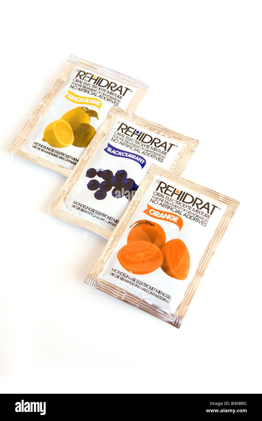 Rehidrate electrolyte sachets isolated on a white studio background ...