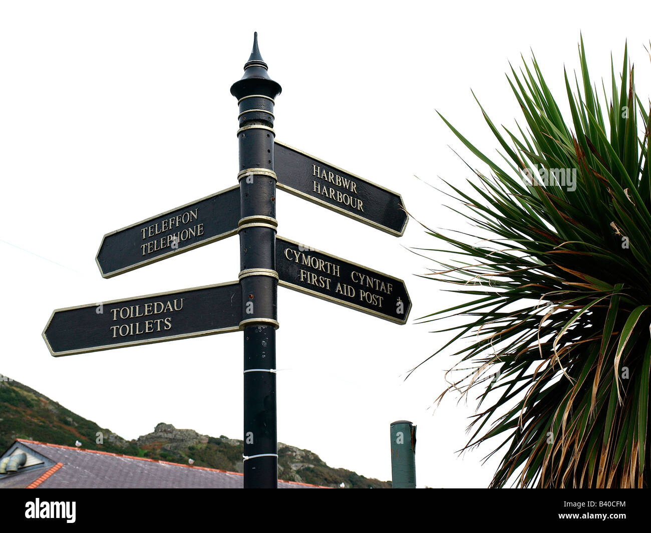 A signpost in english, welsh and palm on the promenade at Barmouth ...