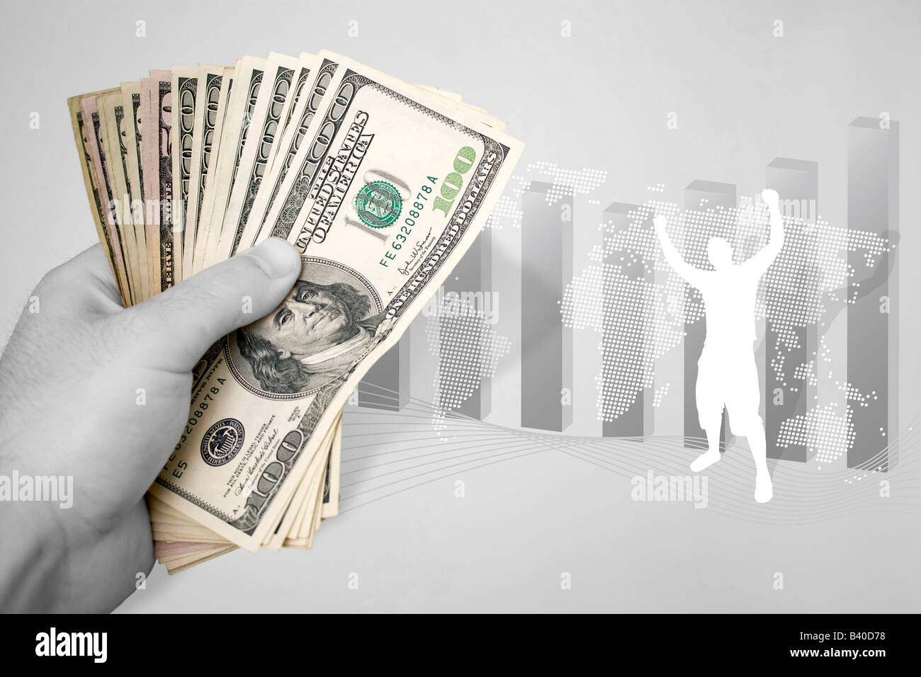 A handful of cash isolated over a gold background Stock Photo - Alamy