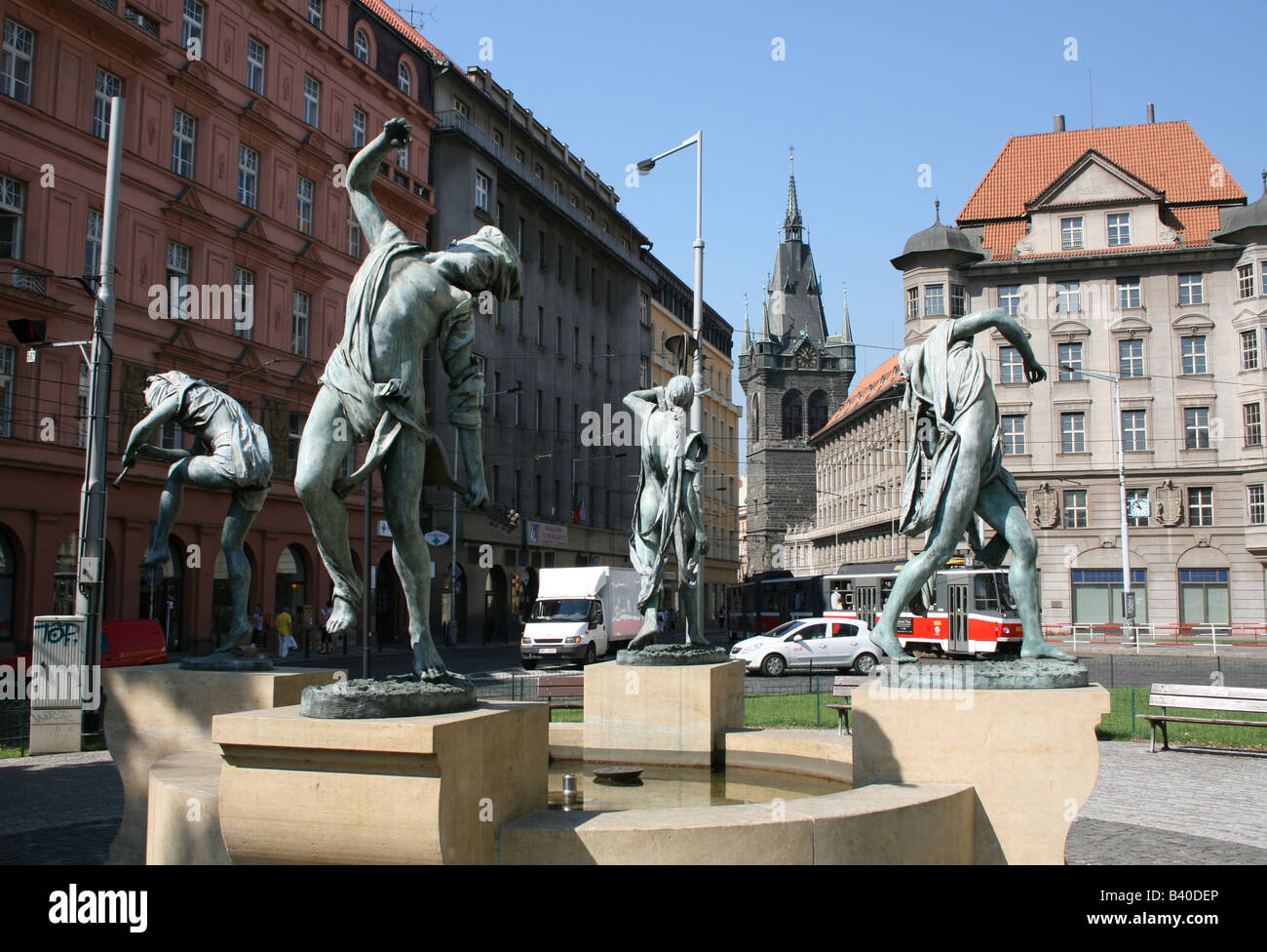 circle of statues in street with jindrisska tower Prague Czech Republic ...