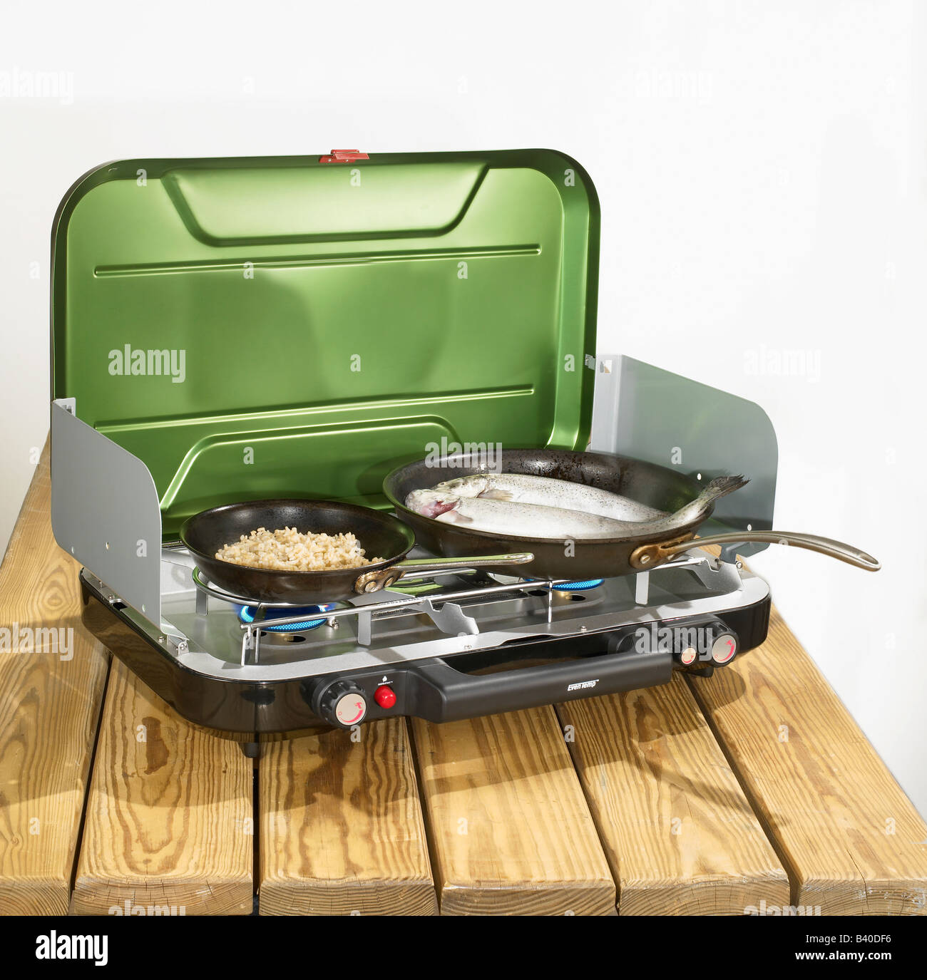 A camp stove with fish cooking on it Stock Photo - Alamy