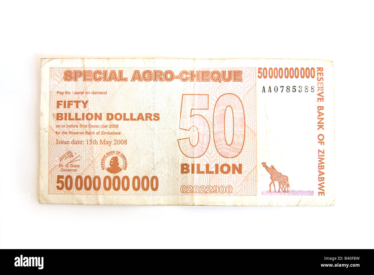 Zimbabwean 50 billion dollar note isolated on a white studio background ...