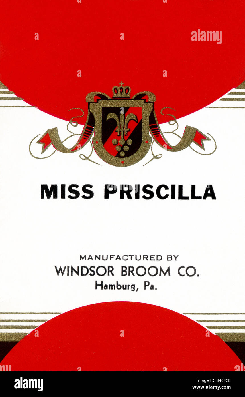 Miss Priscilla Broom Label Stock Photo - Alamy