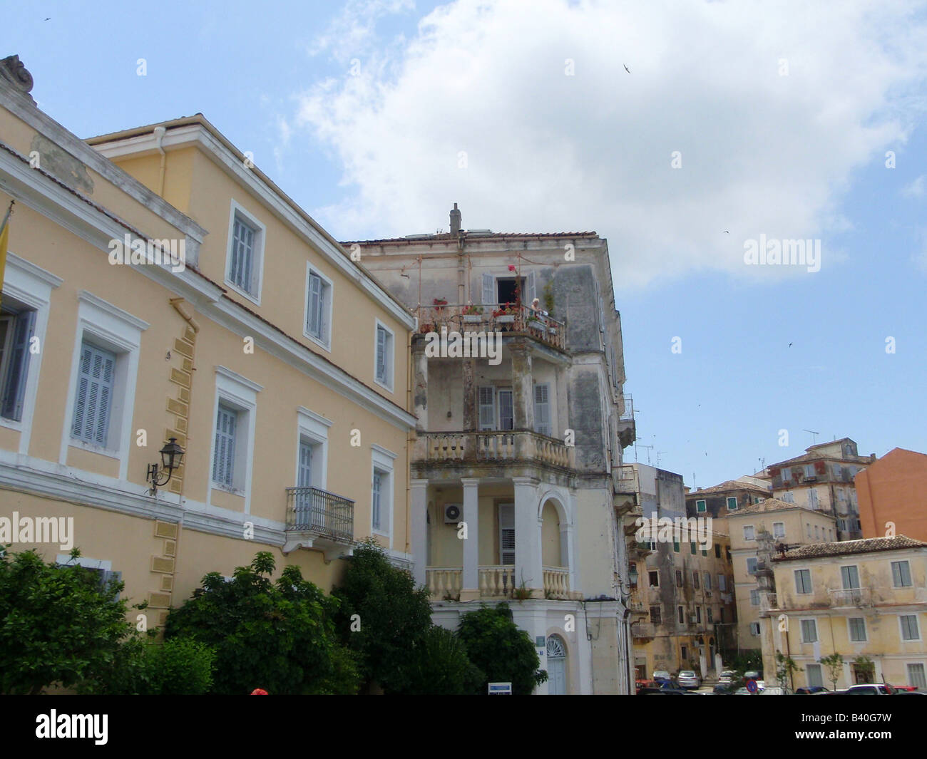 Buildings and street scene, Corfu Town, Island of Corfu, Greece Stock ...