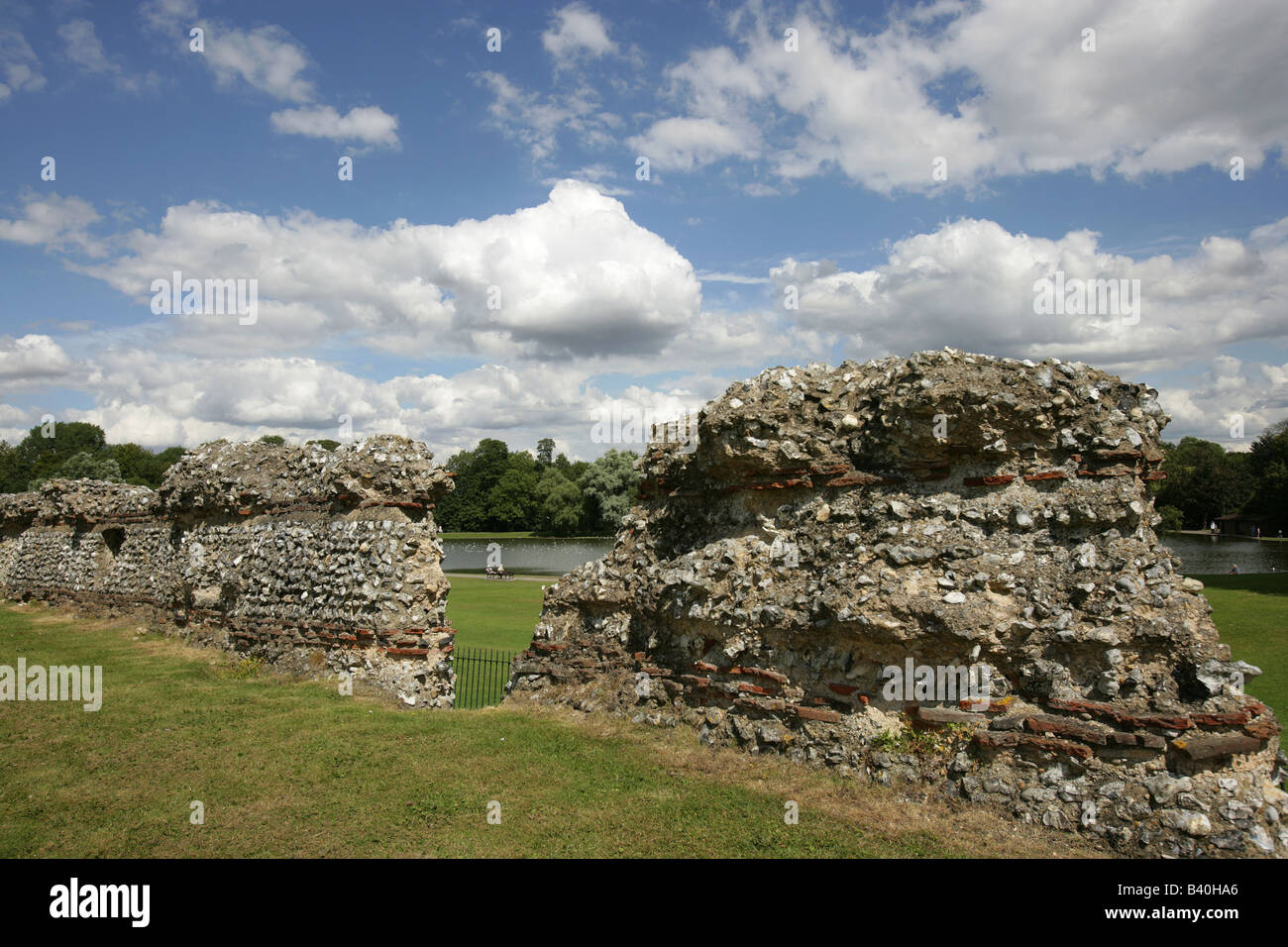 City of St Albans, England. The remains of the Roman wall at Verulamium ...