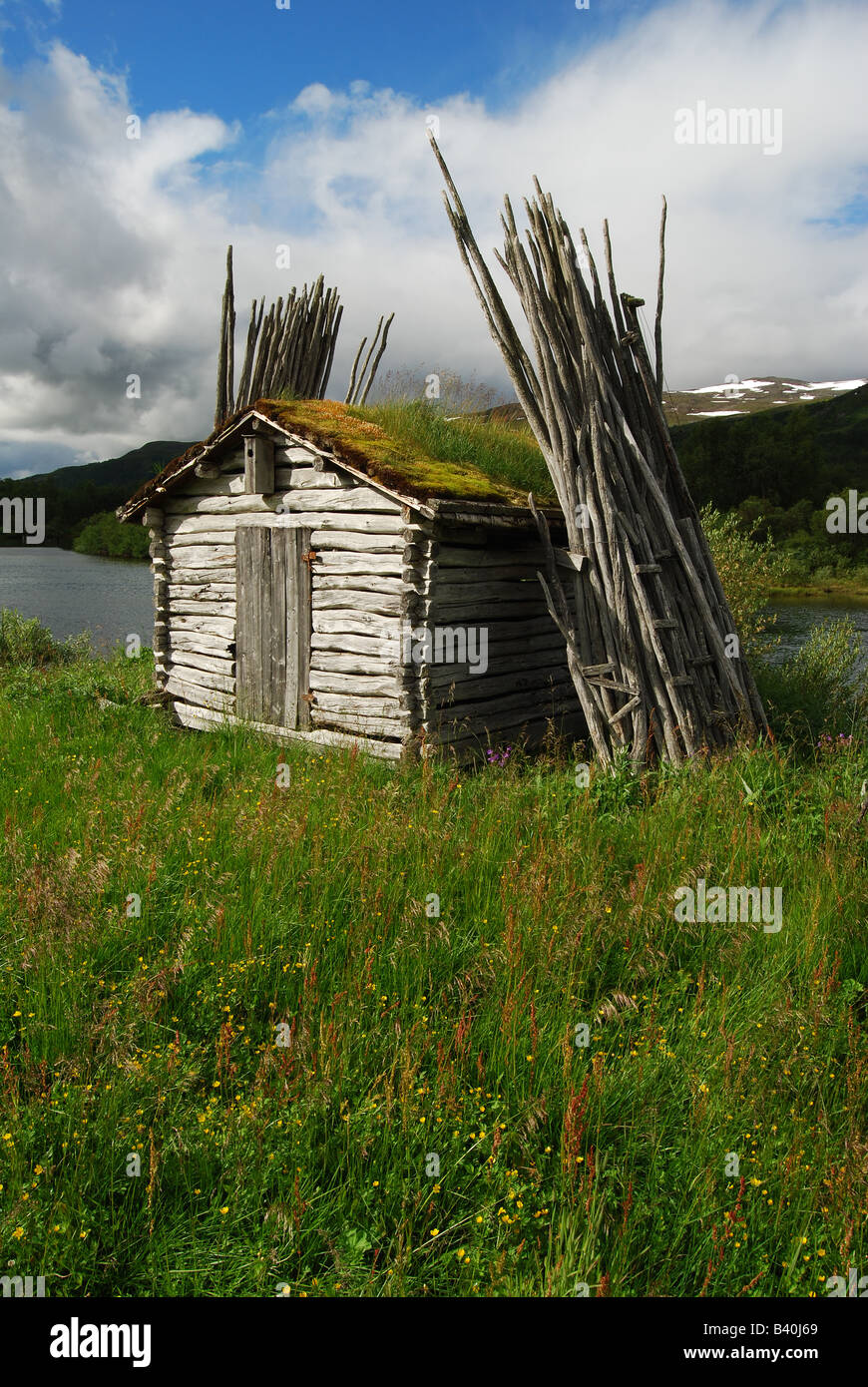 Rustic hay drying barn Stintbacken, Hemavan, Vasterbottenslan, Swedish ...
