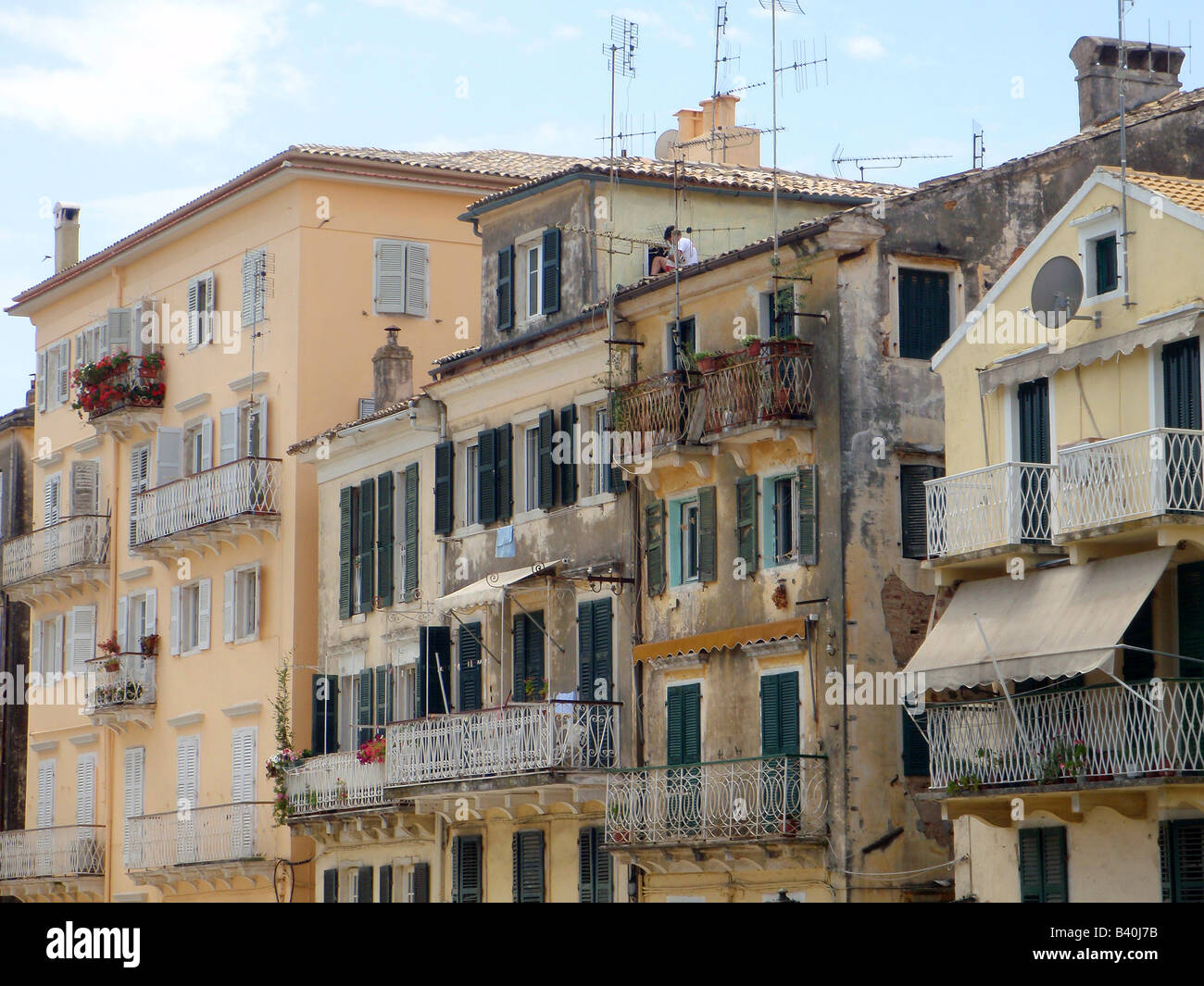 Buildings and street scene, Corfu Town, Island of Corfu, Greece Stock ...