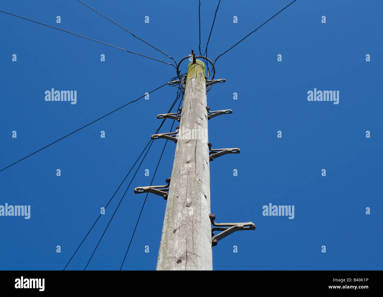 Wooden telegraph pole against blue sky Stock Photo - Alamy
