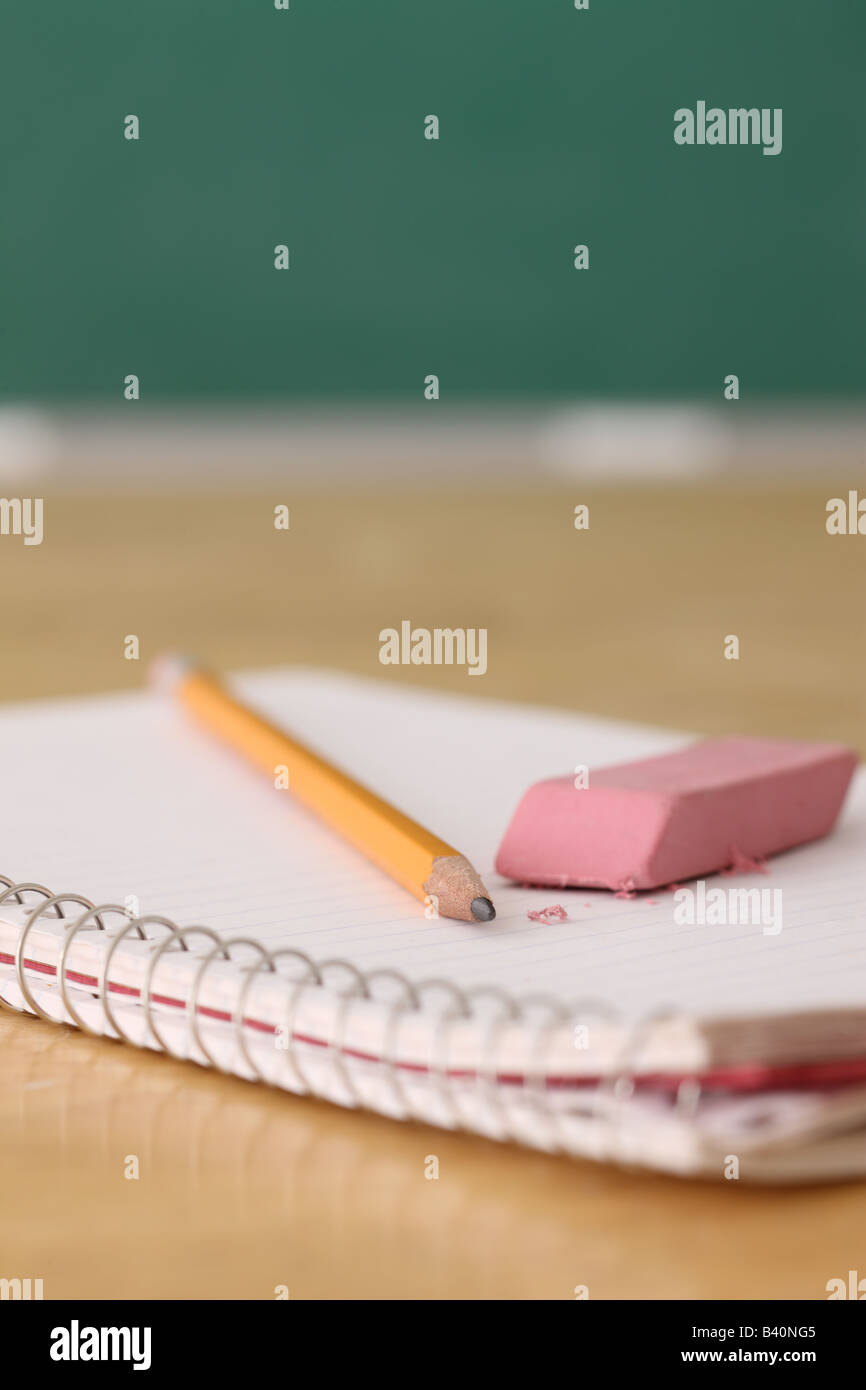 School education still life of pencil and eraser on notebook Stock ...