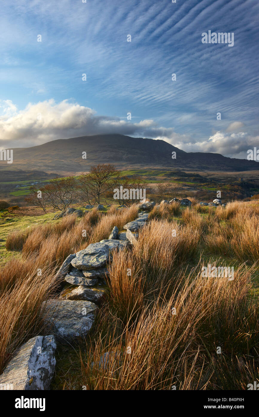 a stone wall above the Glyn Lledr near Dolwyddelan with Moel Siabod ...