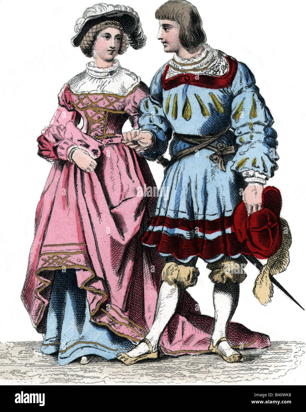 fashion, middle ages, knight and noblewoman, full length, circa 1500 ...