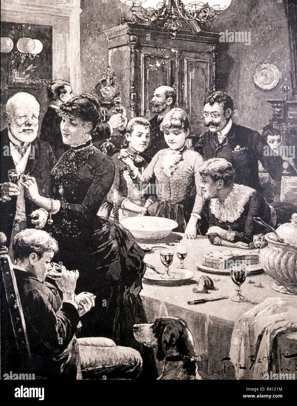 festivity, New Year's eve, guests casting plumb, woodcut, Fritz Bergen ...