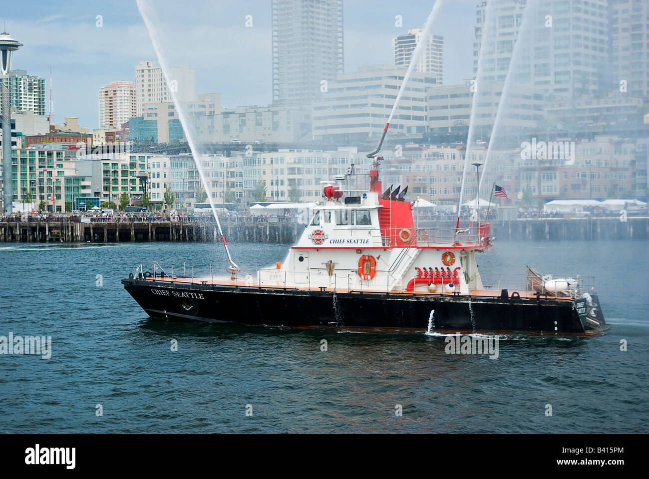 USA, WA, Seattle. Fireboat Chief Seattle with celebratory spray in ...