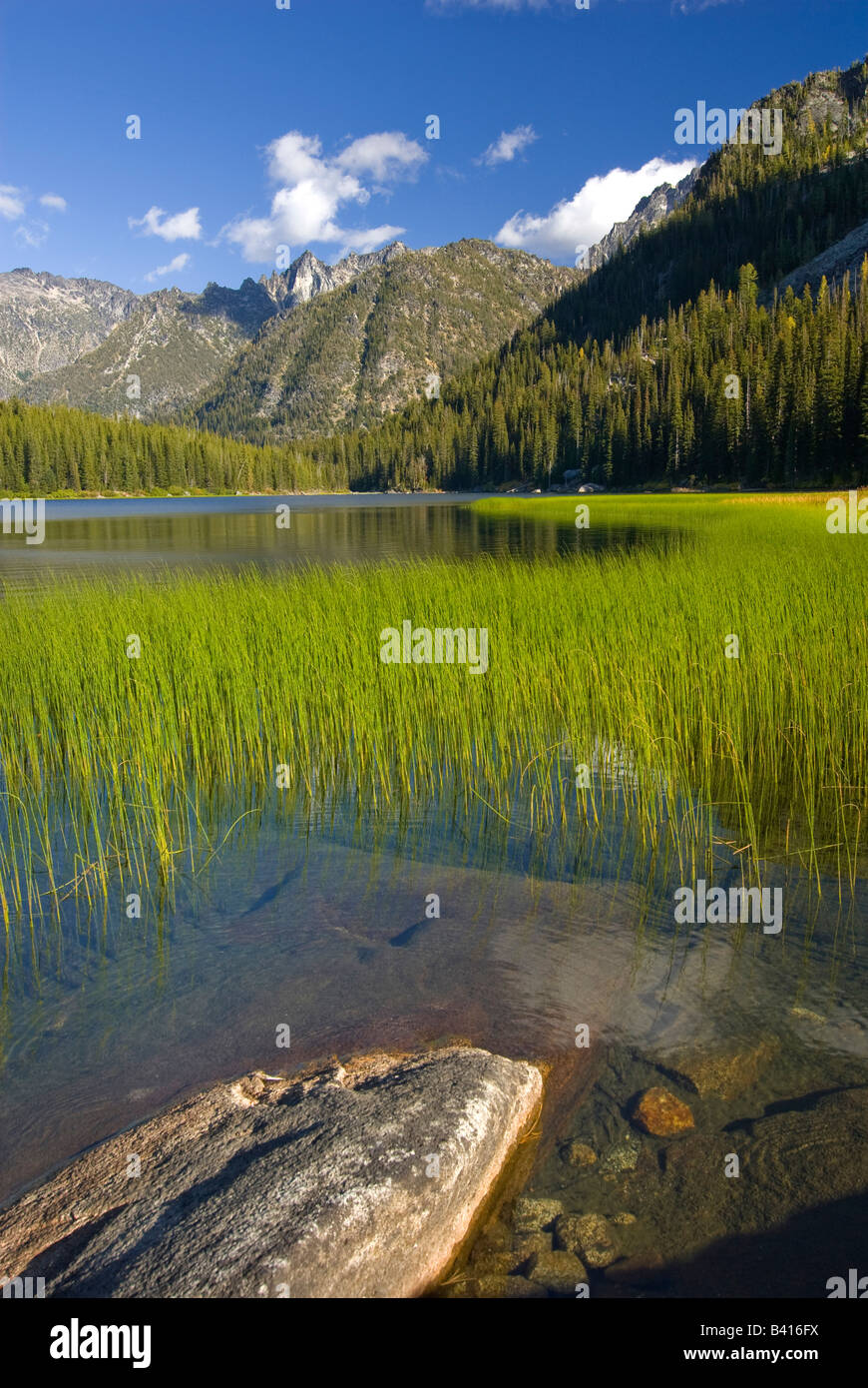 USA, Washington, Cascade Mountains. A view of Lake Stuart in the Alpine ...