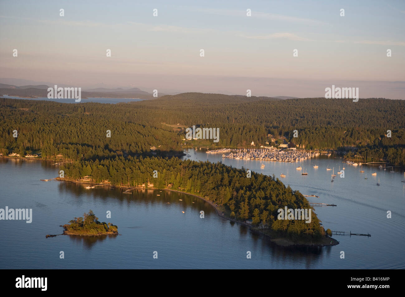Aerial view of Roche Harbor on San Juan Island in the evening light ...