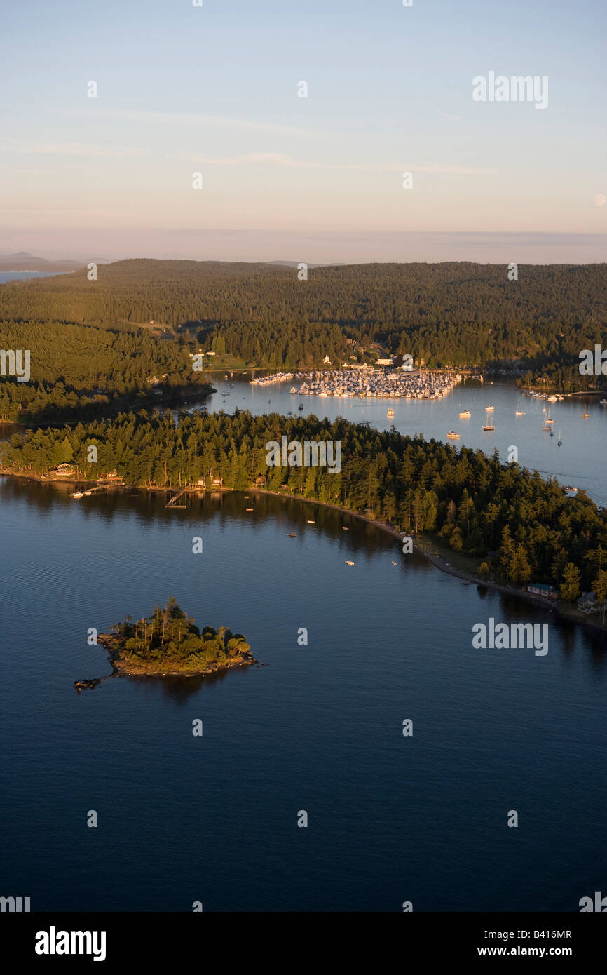 Aerial view of Roche Harbor on San Juan Island in the evening light ...