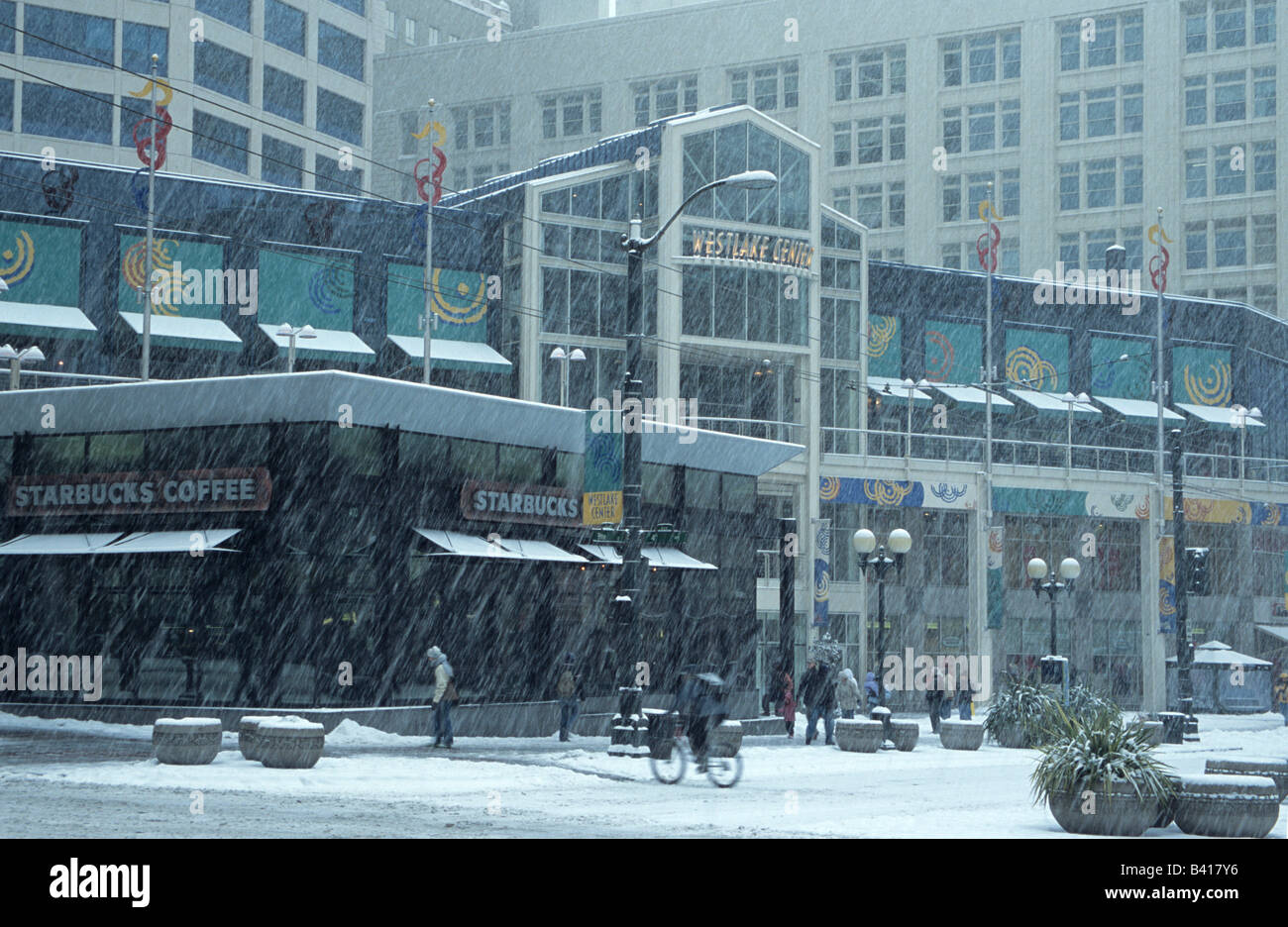 WA, Seattle, Westlake Center during winter snow storm Stock Photo - Alamy